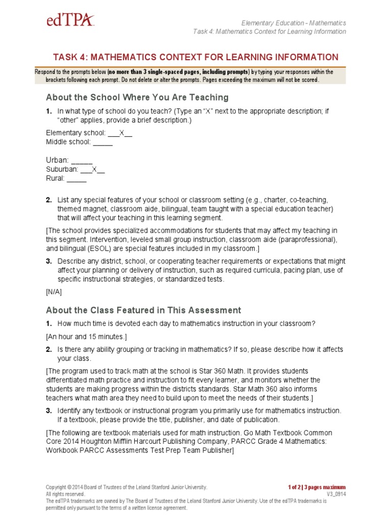 Task 4a Context For Learning Edtpa Math | PDF | Schools | Teachers