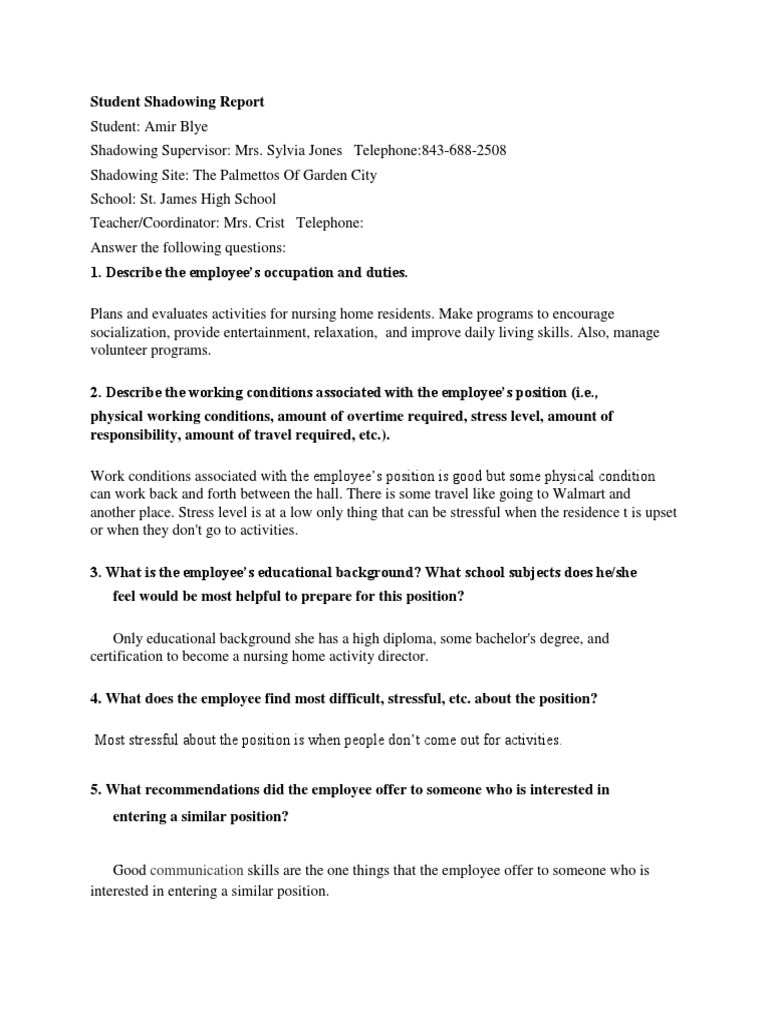 Student Shadowing Report | Download Free PDF | Employment | Nursing