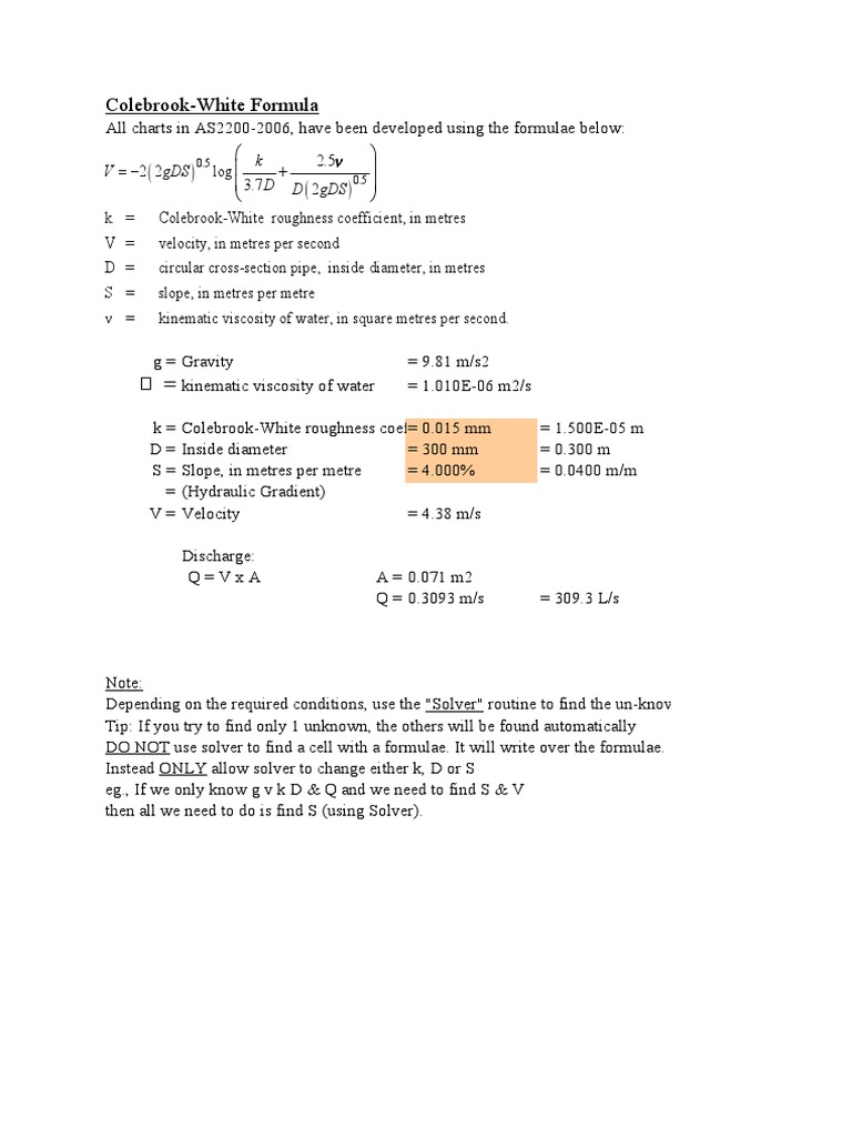 Colebrook-White Formula Velocity Calculator | PDF