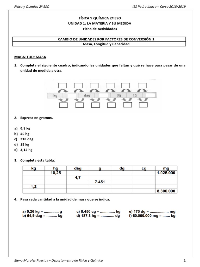 FyQ 2º ESO - Actividades Adaptación Cambio Unidades | PDF