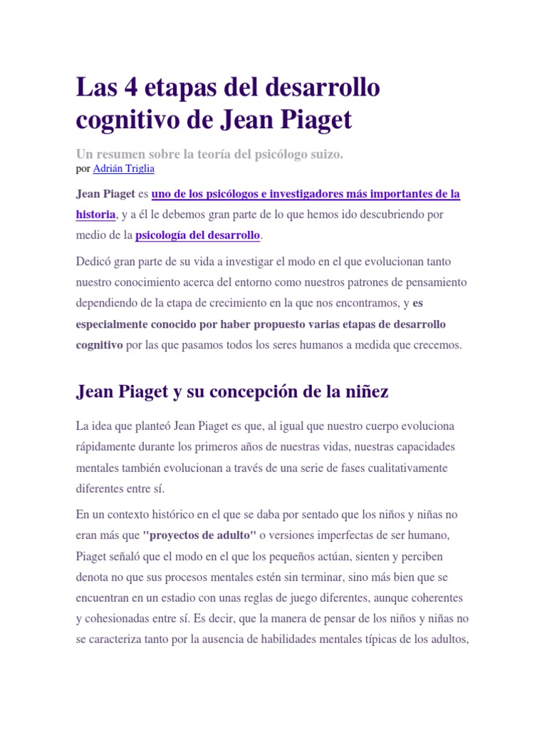 Las 4 Etapas Del Desarrollo Cognitivo de Jean Piaget | PDF | Desarrollo ...