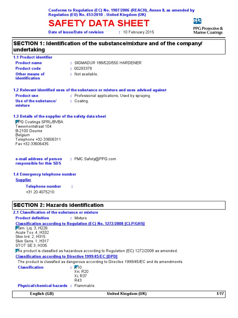 SigmaDur 188-520-550 Msds Hardener | PDF | Toxicity | Personal ...