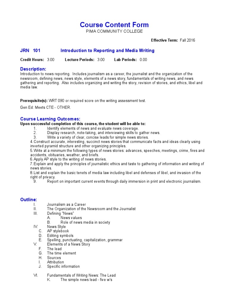 Course Content Form: JRN 101 Introduction To Reporting and Media ...