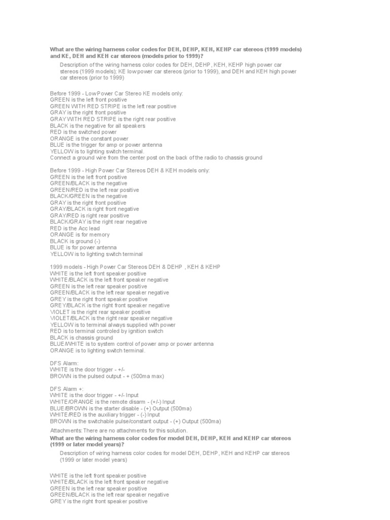 Wiring Harness Color Codes For Pioneer KEH Cassete Receiver | PDF ...