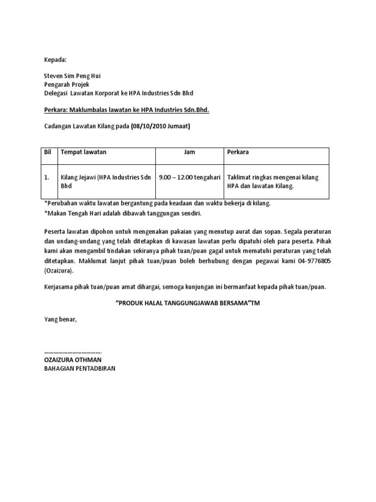 Surat MaklumBalas Lawatan Uum | PDF | Bisnis | Griya & Taman