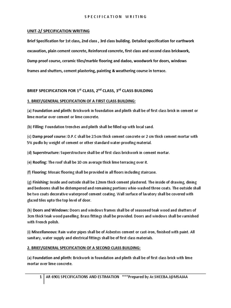 Unit 2 - Specification Writing | PDF | Tile | Concrete