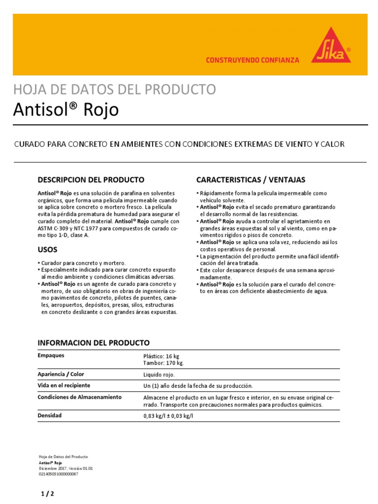 Ficha Tecnica Antisol | PDF | Hormigón | Química