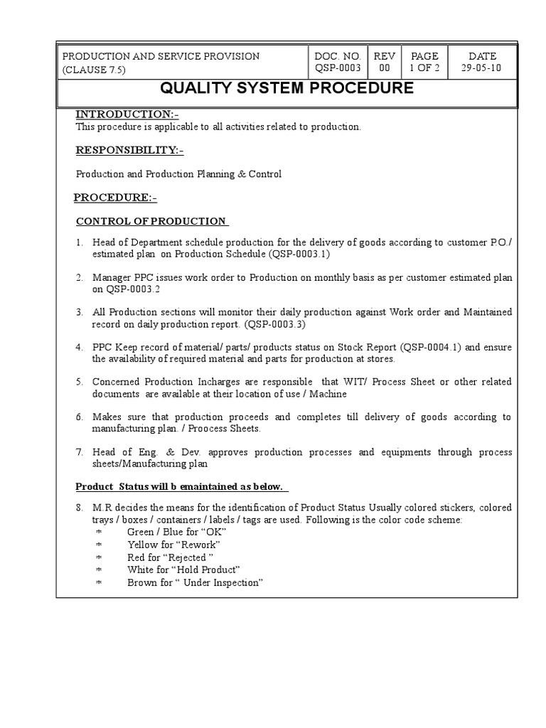 Production and Service Provision Procedure | PDF | Quality Management ...