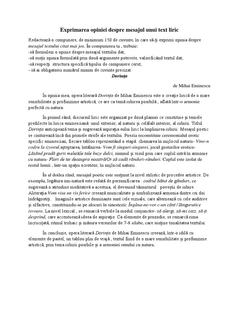 Exprimarea Opiniei Despre Mesajul Unui Text Liric | PDF