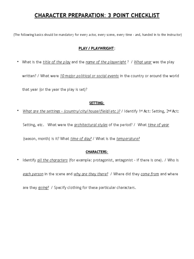 Character Preparation Checklist | PDF