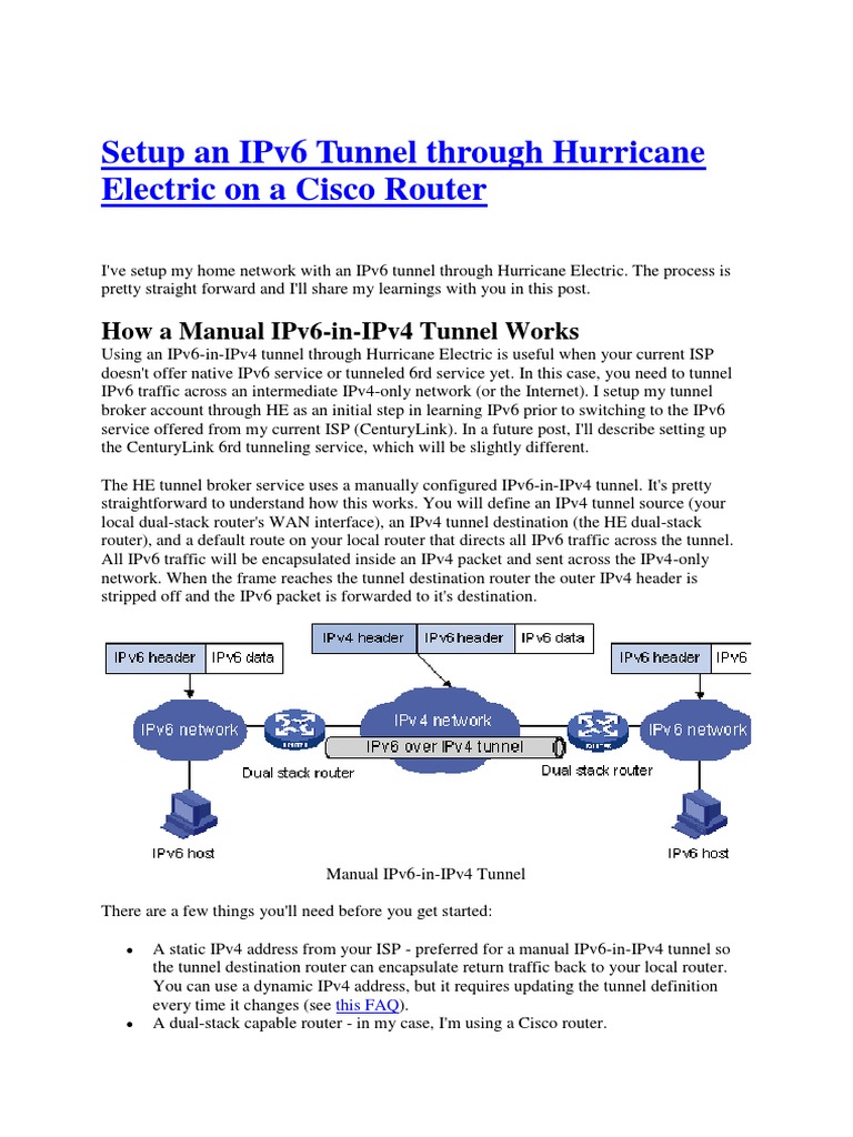 Setup An Ipv6 Tunnel Through Hurricane Electric On A Cisco Router | PDF | I Pv6 | Router (Computing)
