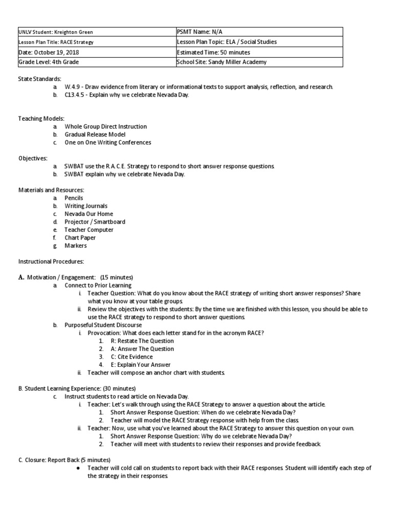 RACE Strategy Lesson Plan for ELA | PDF | Lesson Plan | Educational ...