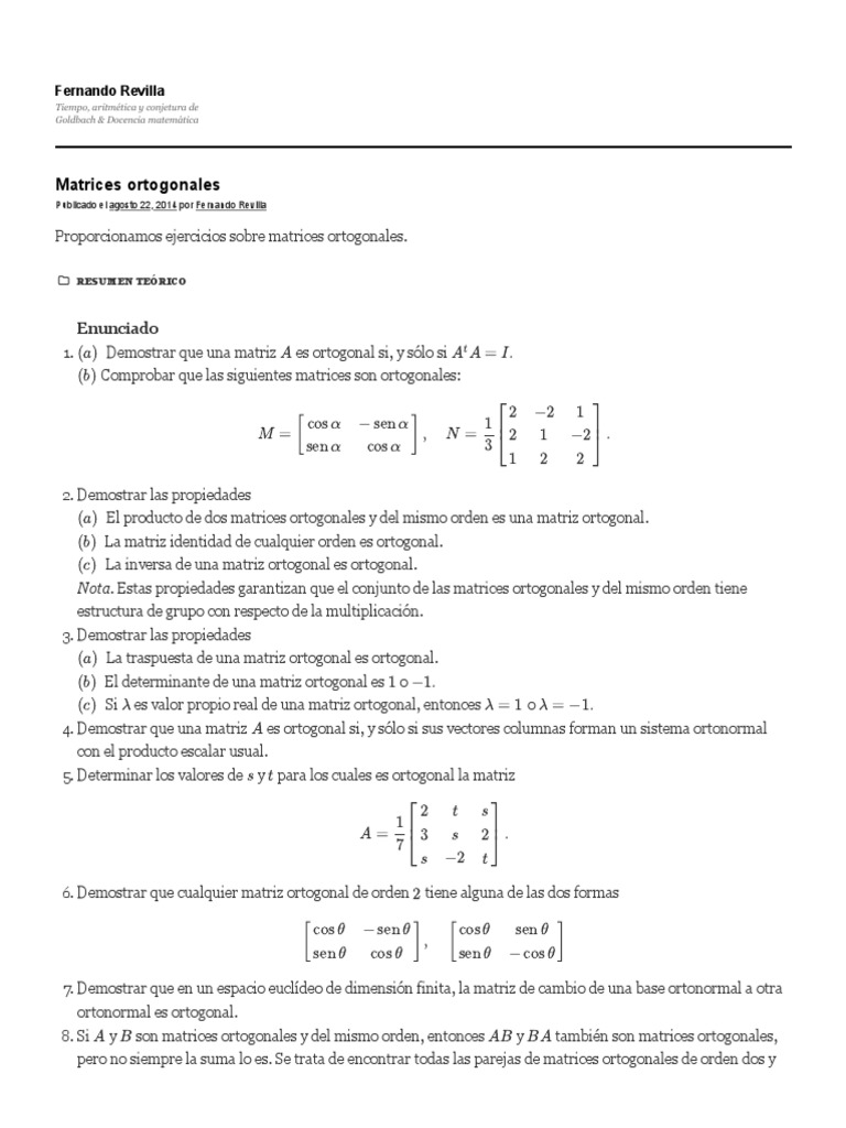 Matrices Ortogonales Fernando Sevilla | PDF | Ortogonalidad | Matriz ...
