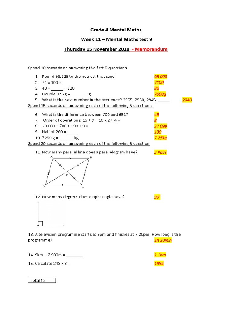 Grade 4 Mental Maths Week 11 (15 November 2018) Memorandum | PDF