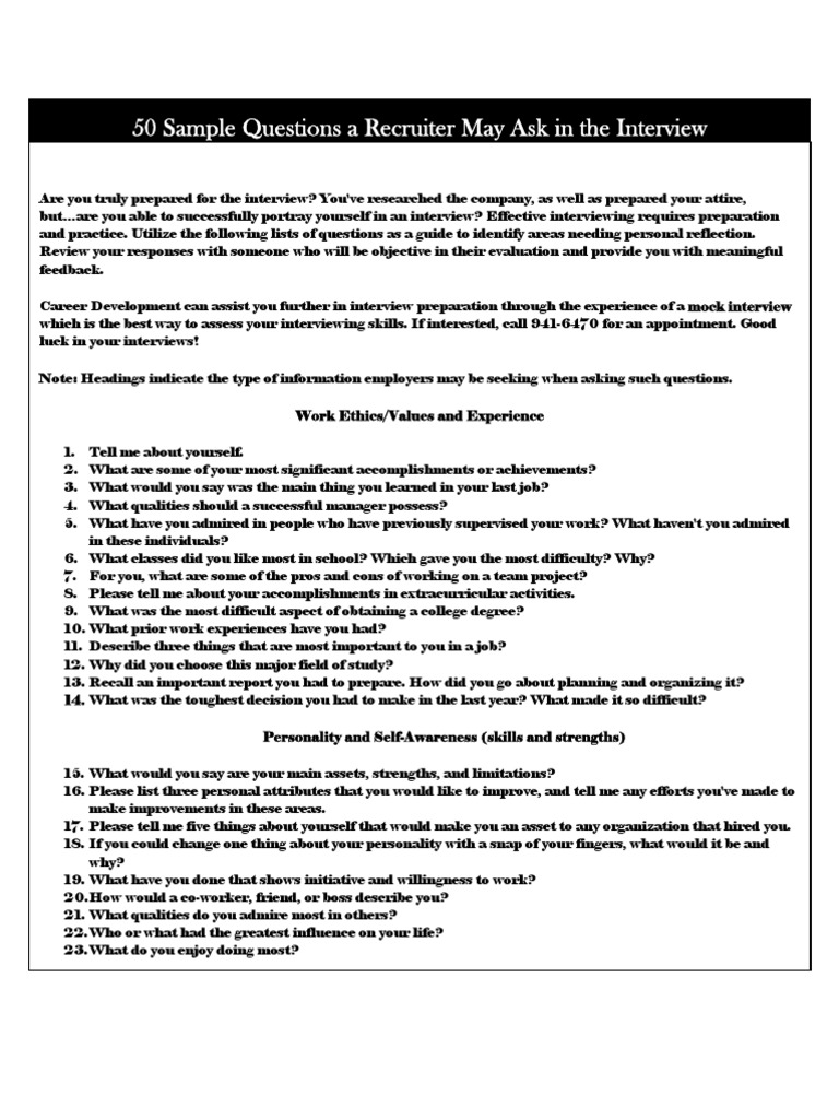 50 Sample Questions A Recruiter May Ask in The Interview | PDF ...