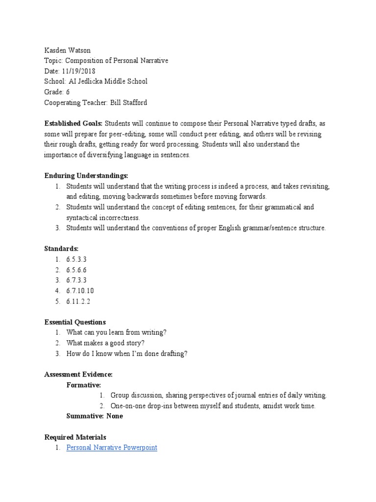 Lesson Plan 1 - Work Catch Up Day Drafting Personal Narratives | PDF ...