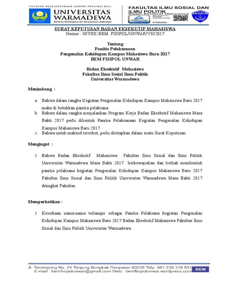 SK Panitia PKKMB 2017 FISIPOL UNWAR | PDF | Kesehatan Holistik
