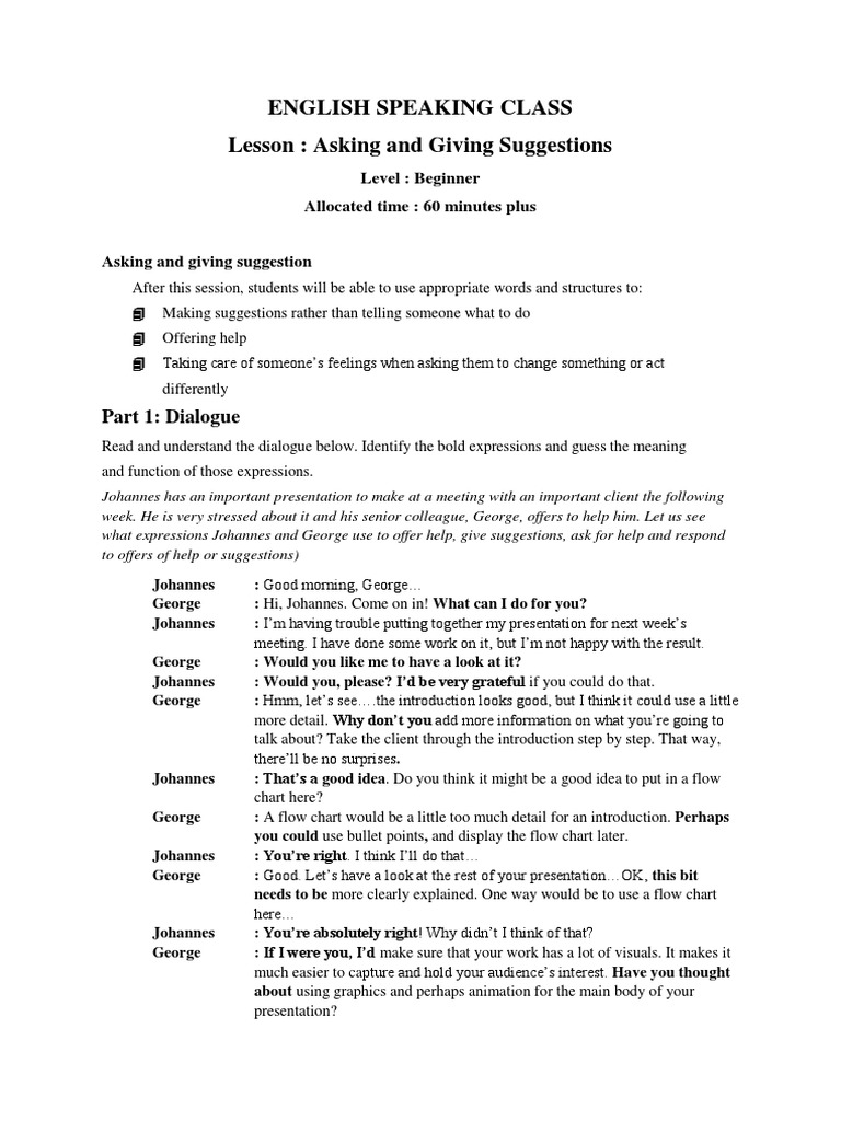 Asking and Giving Suggestions Lesson Materials | PDF | Cognition ...