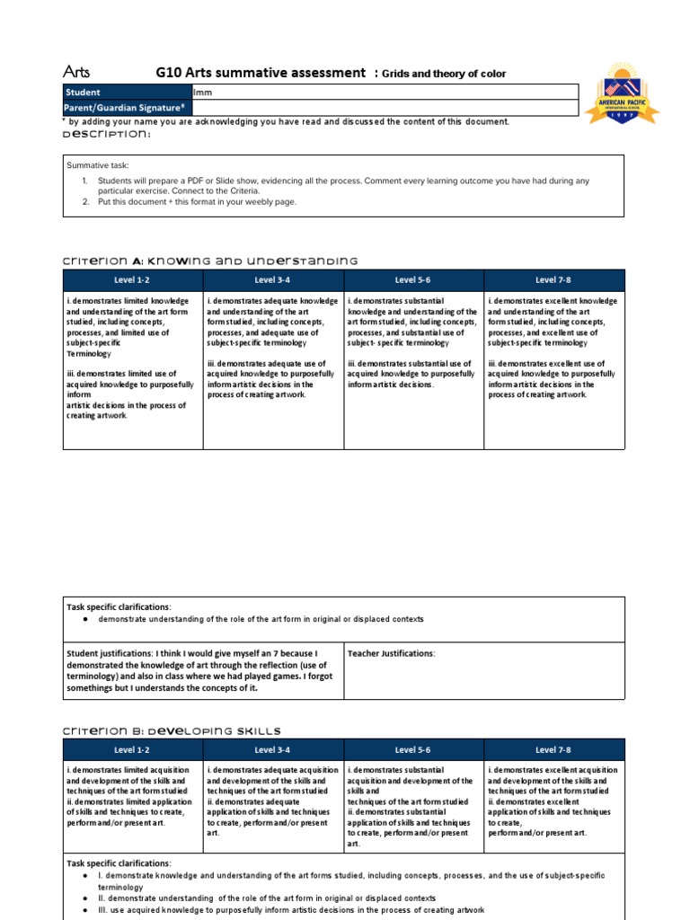G10 Arts Assessment: Color Theory & Grids | PDF | Understanding | Knowledge