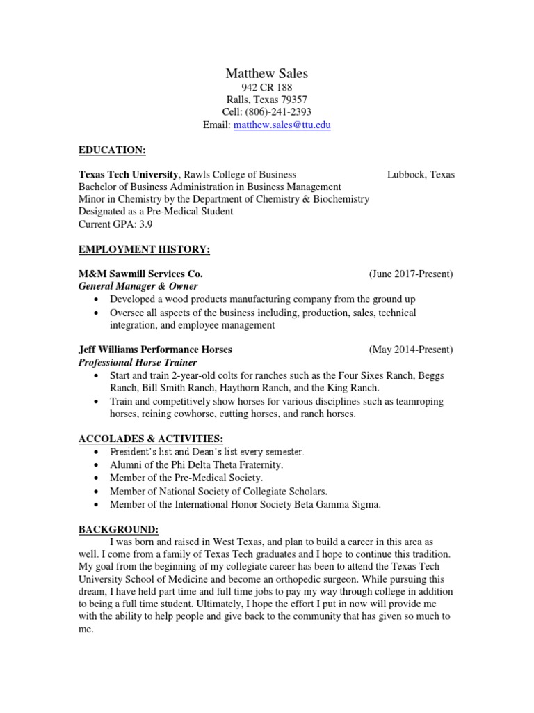 Matthew Sales: Business & Pre-Med Profile | PDF