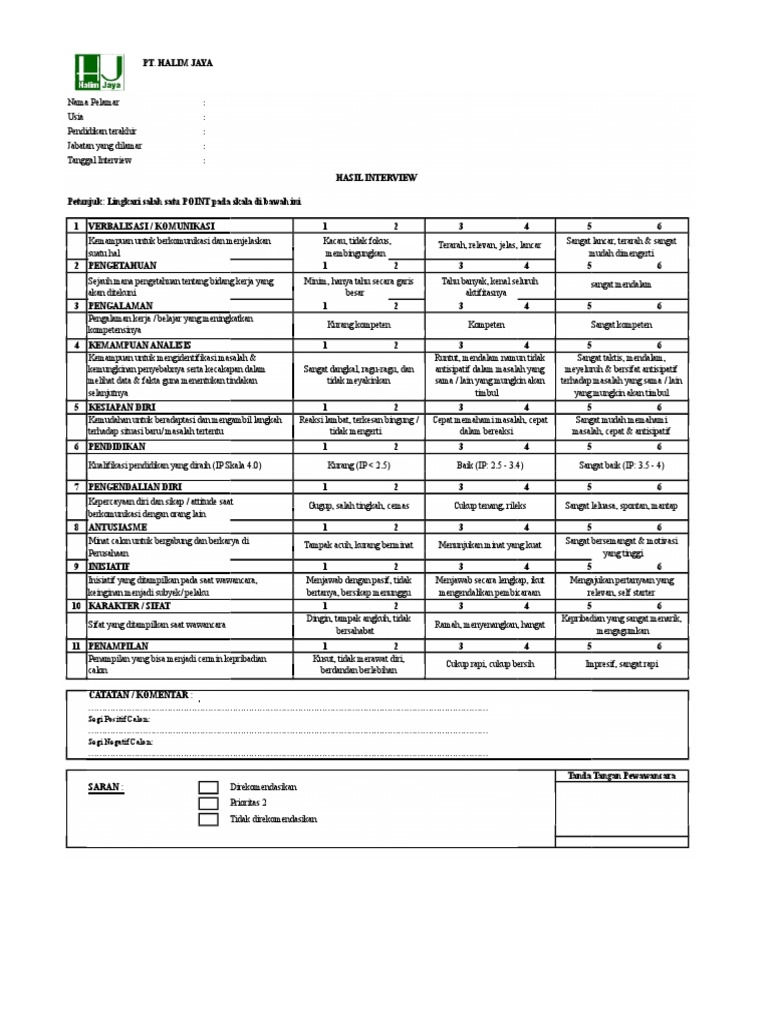Form Hasil Interview - Contoh 1 | PDF