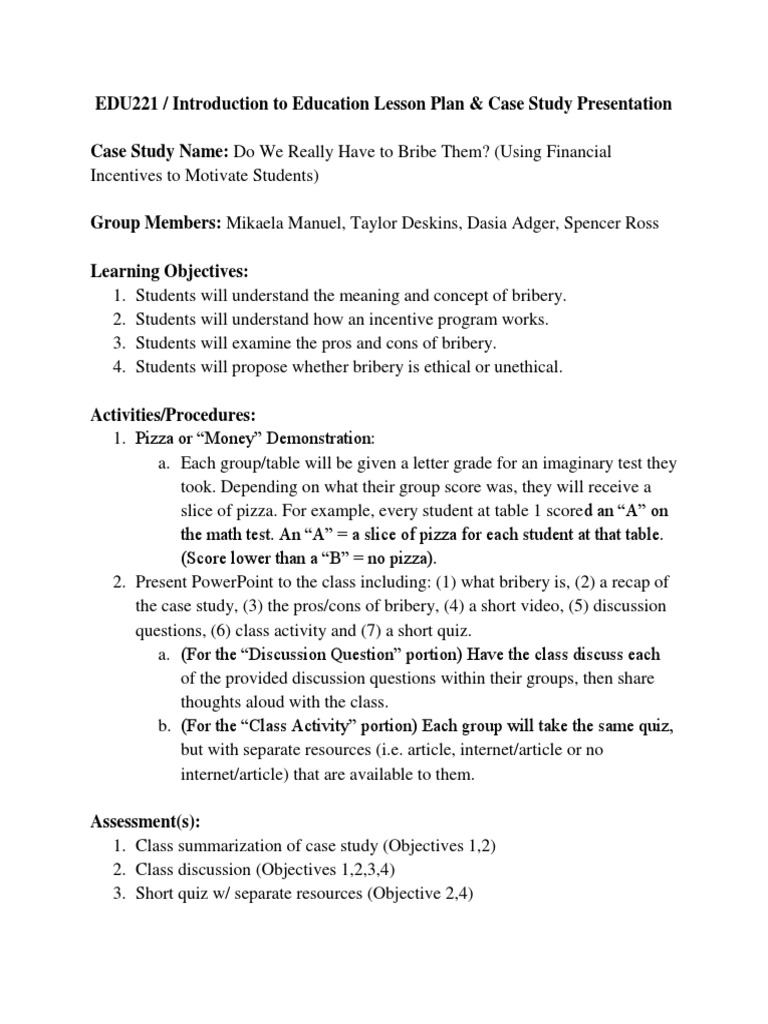 Bribing Lesson Plan Edu221 | PDF | Bribery | Learning