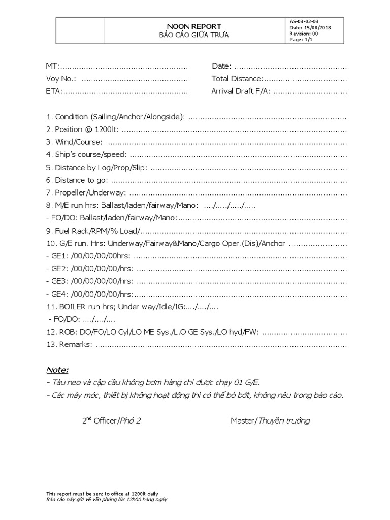 Daily Noon Report from Vessel Providing Operational Status and Position ...