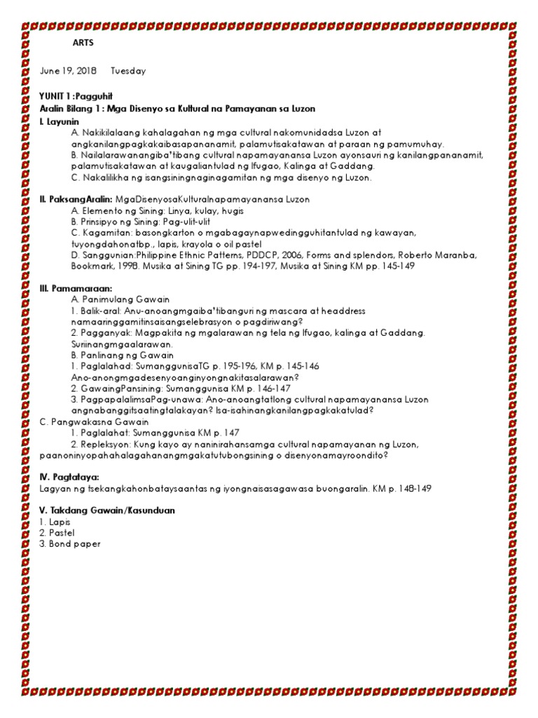 1st Lesson Plan in Sining Yunit 1 Aralin 1 - 8 | PDF