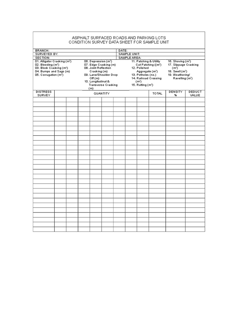Asphalt Surfaced Roads and Parking Lots Condition Survey Data Sheet For ...