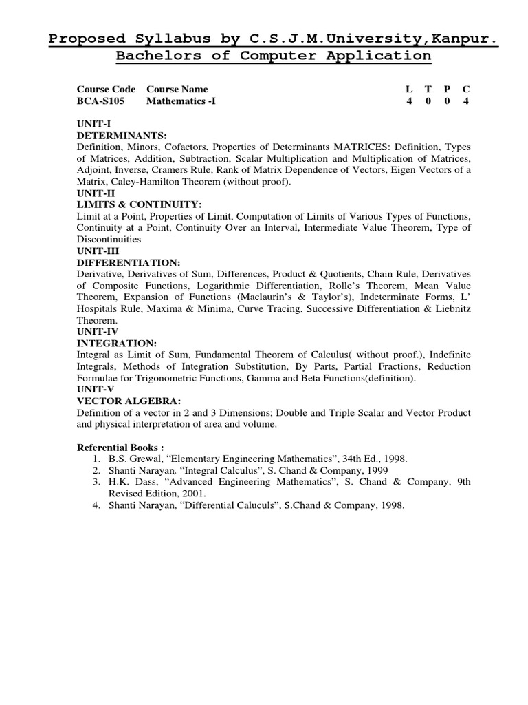 Proposed BCA syllabus for Mathematics 1 | PDF