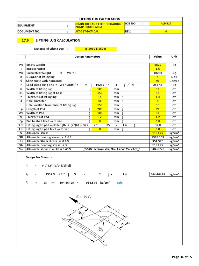 17.0 Lifting Lug Calculation: Equipment: Job No: Document No.: Rev ...