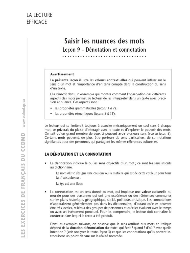 1 Explorer Le Texte 9 Denotation Et Connotation PDF | PDF | Charles Baudelaire | Lecture (Processus)