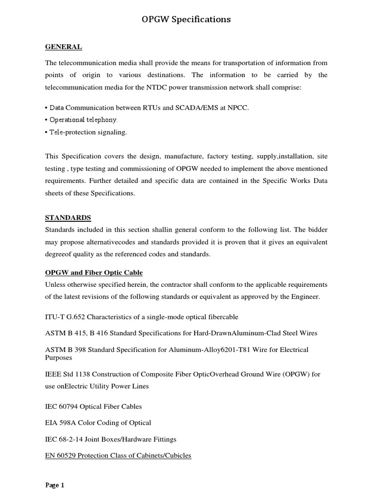 OPGW Specifications: General | PDF | Optical Fiber | Wire