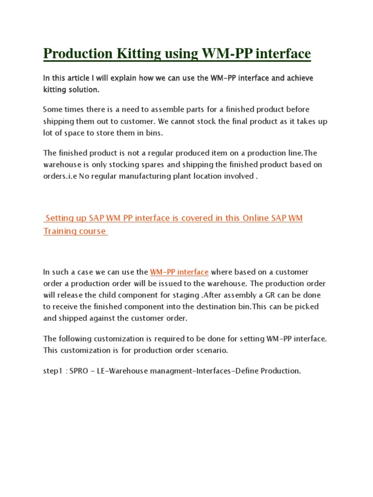 Production Kitting Using WM-PP Interface: Setting Up SAP WM PP ...