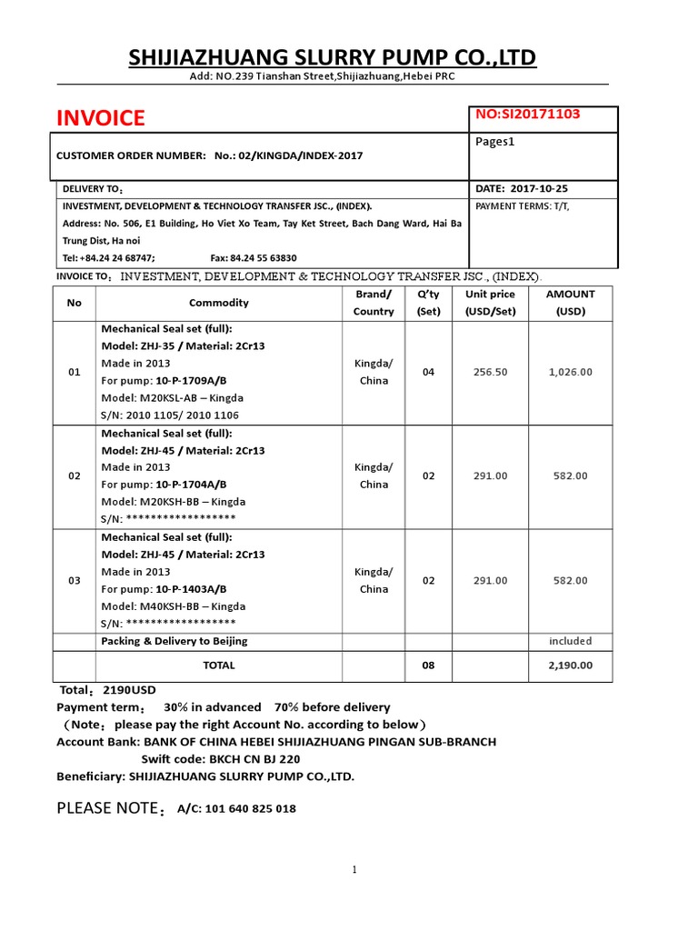 Invoice: Shijiazhuang Slurry Pump Co.,Ltd | PDF | Service Industries ...