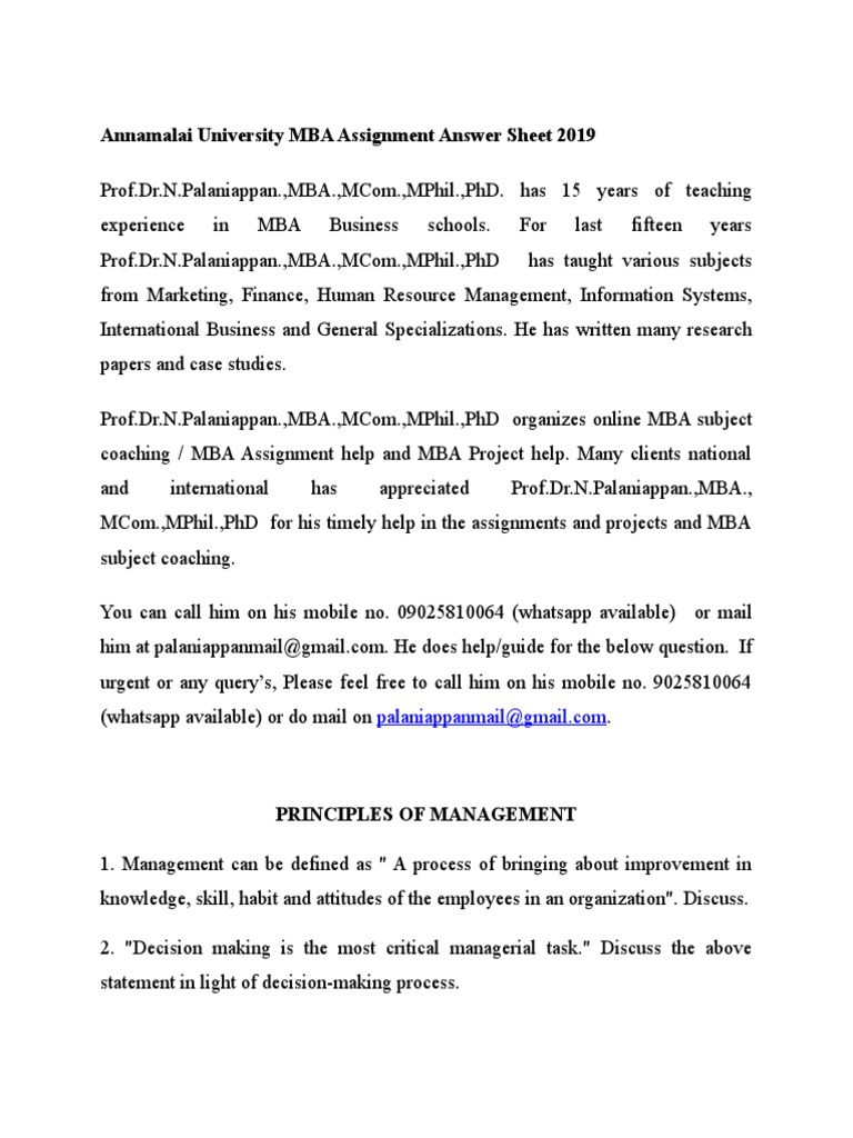 Annamalai University MBA Assignment Answer Sheet 2019 | PDF ...