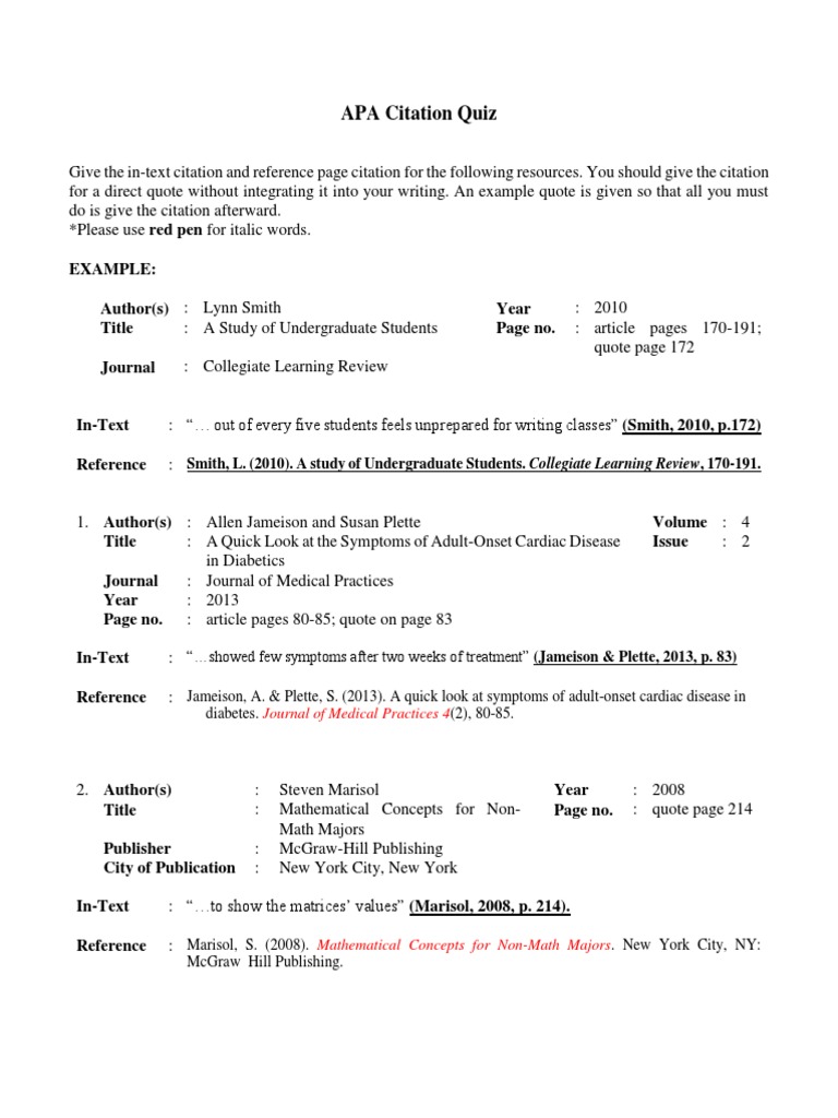 APA Citation Practice Quiz | PDF | Citation