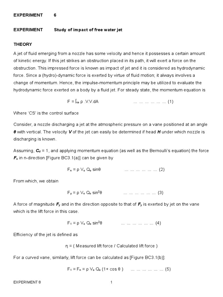 EXP 6 Study of Impact of Free Water Jet | PDF | Lift (Force) | Jet Engine
