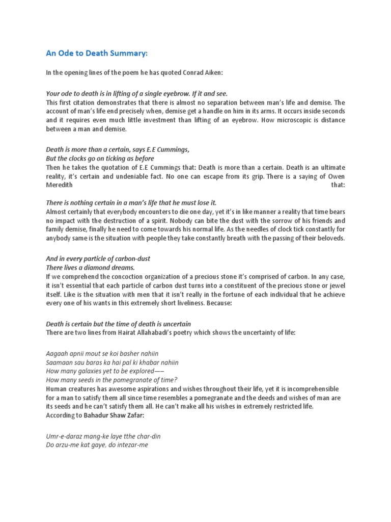 An Ode To Death Summary | PDF | Nature