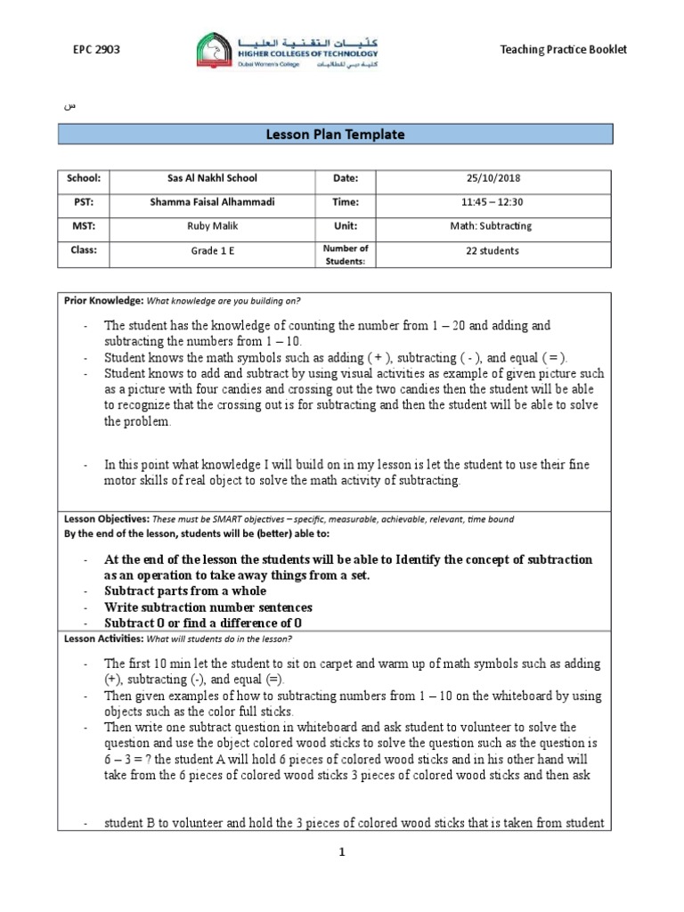 Lesson Plan Template: EPC 2903 Teaching Practice Booklet | PDF ...