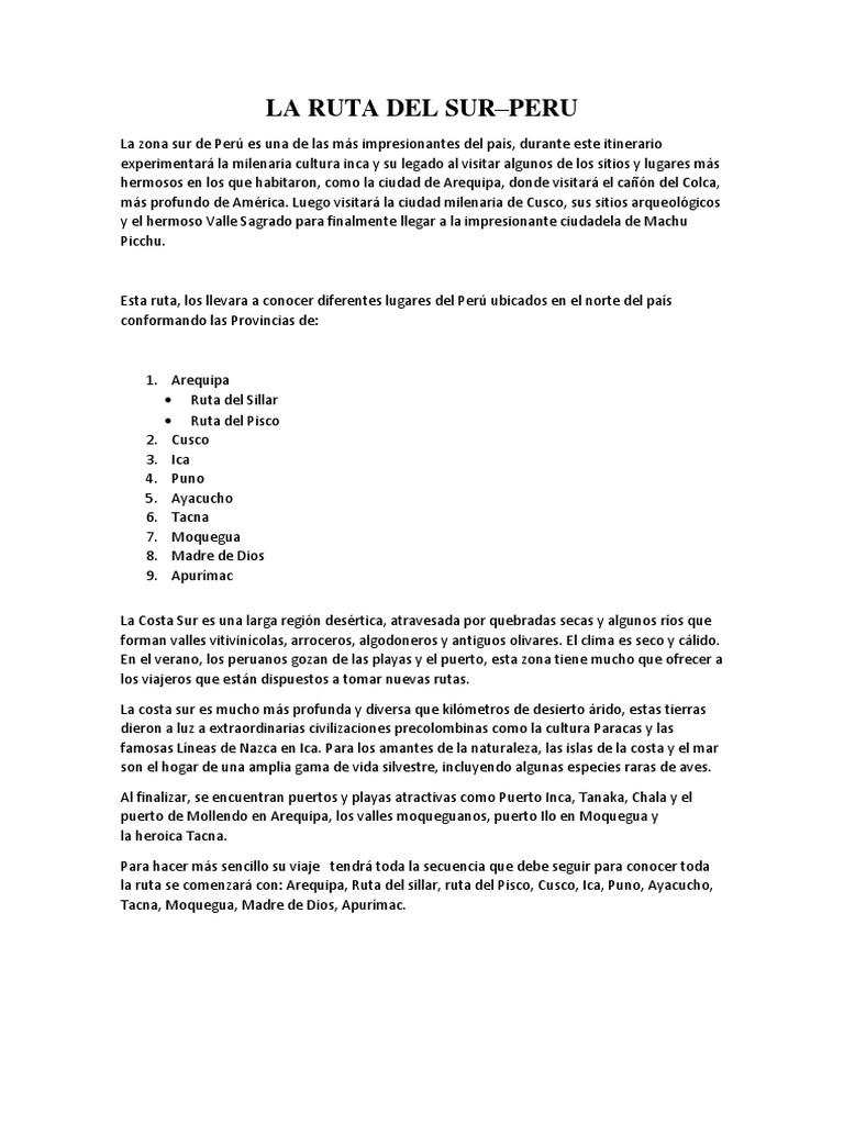 La Ruta Sur Del Peru | PDF