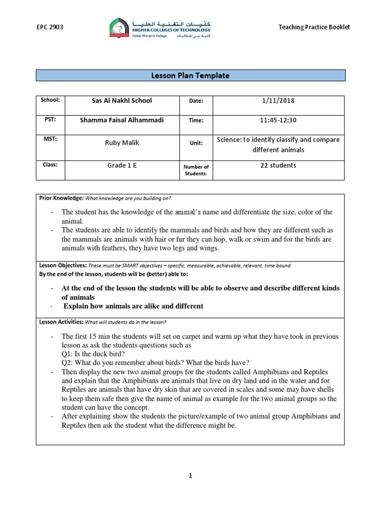 Lesson Plan Template: Sas Al Nakhl School Shamma Faisal Alhammadi | PDF ...