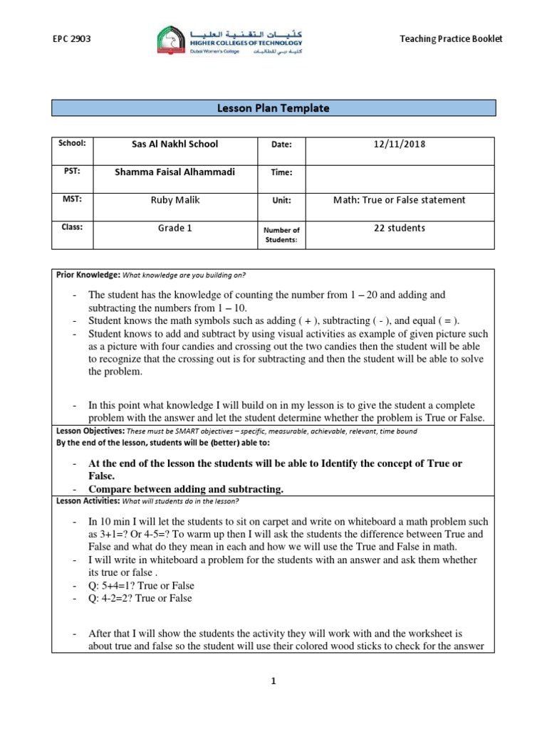 Lesson Plan Template: Sas Al Nakhl School Shamma Faisal Alhammadi ...