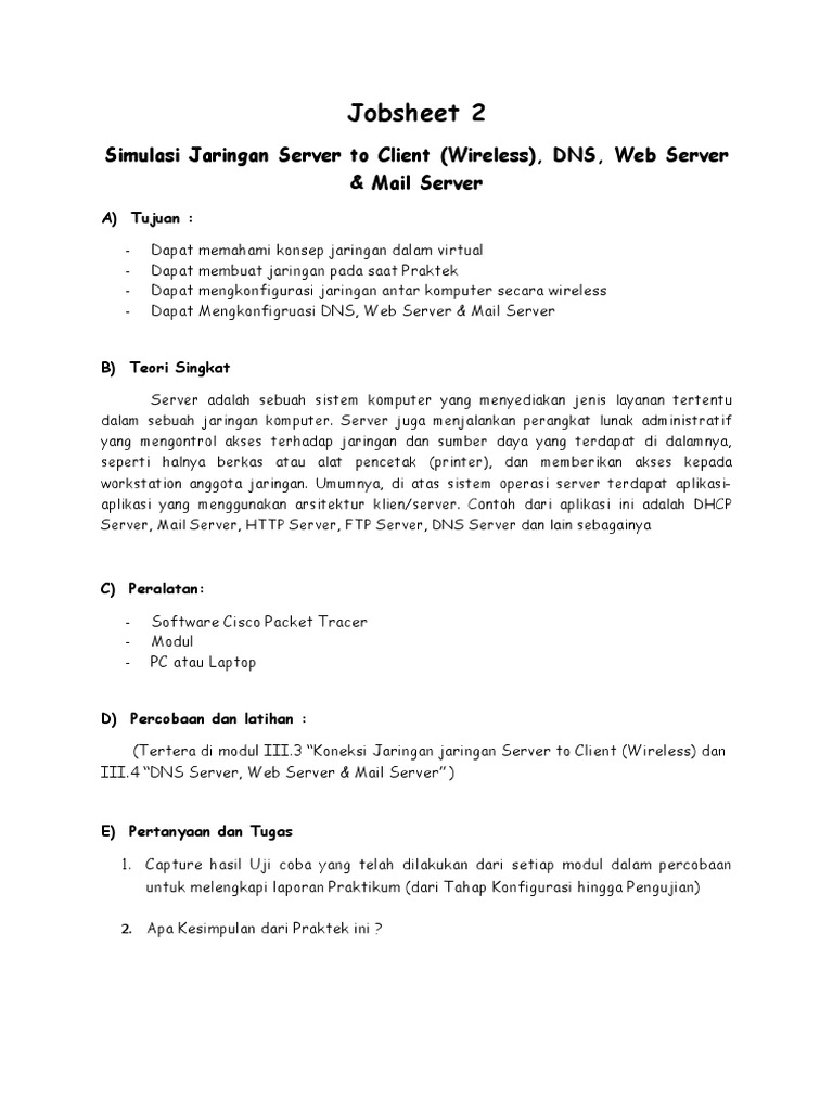 Jobsheet 2 (Simulasi Jaringan Server To Client (Wireless), DNS, Web Server & Mail Server) | PDF
