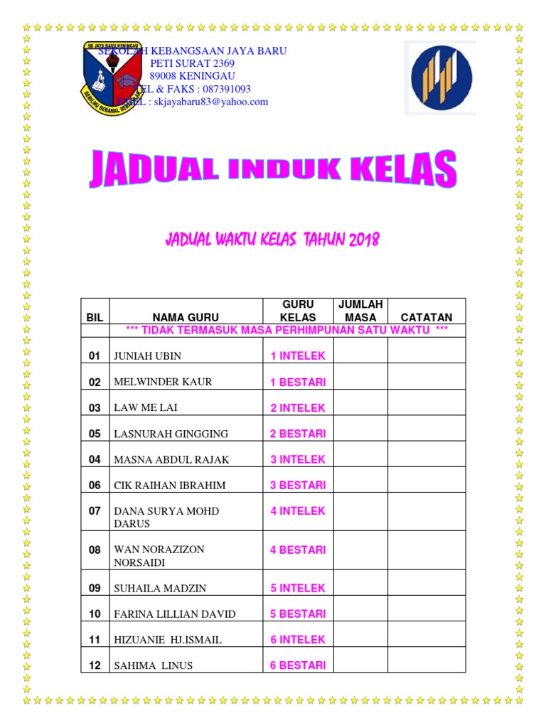 Kulit Jadual Induk 2018 Jadual Kelas Induk Guru Kelas | PDF