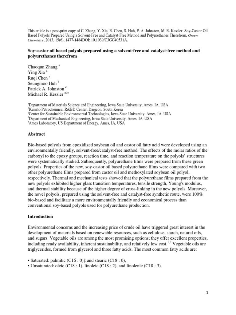 Soy-Castor Oil Based Polyols Prepared Using a Solvent-Free and Catalyst ...