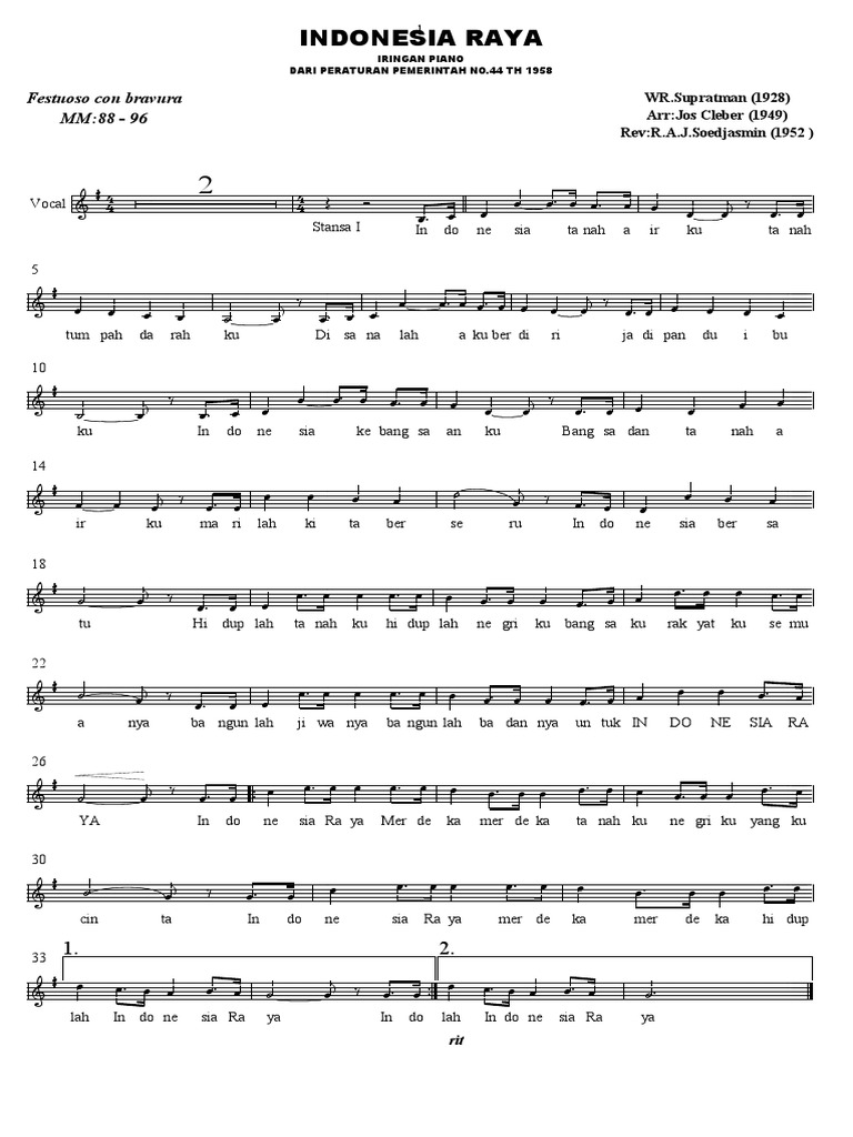 Indonesia Raya Partitur Vokal 1 Stanza PDF | PDF