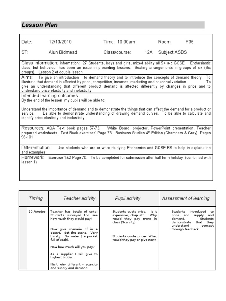 Lesson PLan As BS Demand, Price and Price Elasticity Unit 6 AQA ...