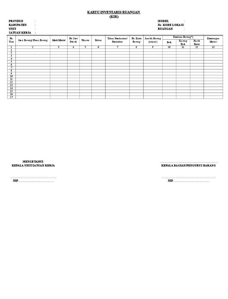 Kartu Inventaris Ruangan (Kir) | PDF