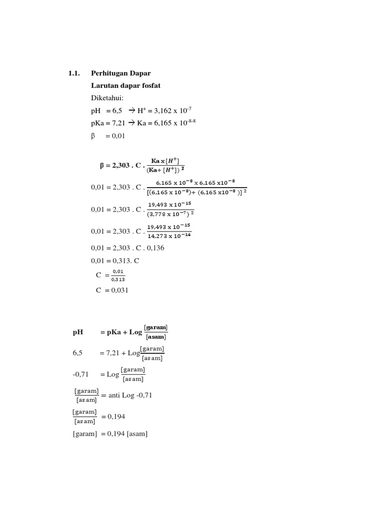 1.1. Perhitugan Dapar Larutan Dapar Fosfat: Diketahui: PH 6,5 H 3,162 X ...